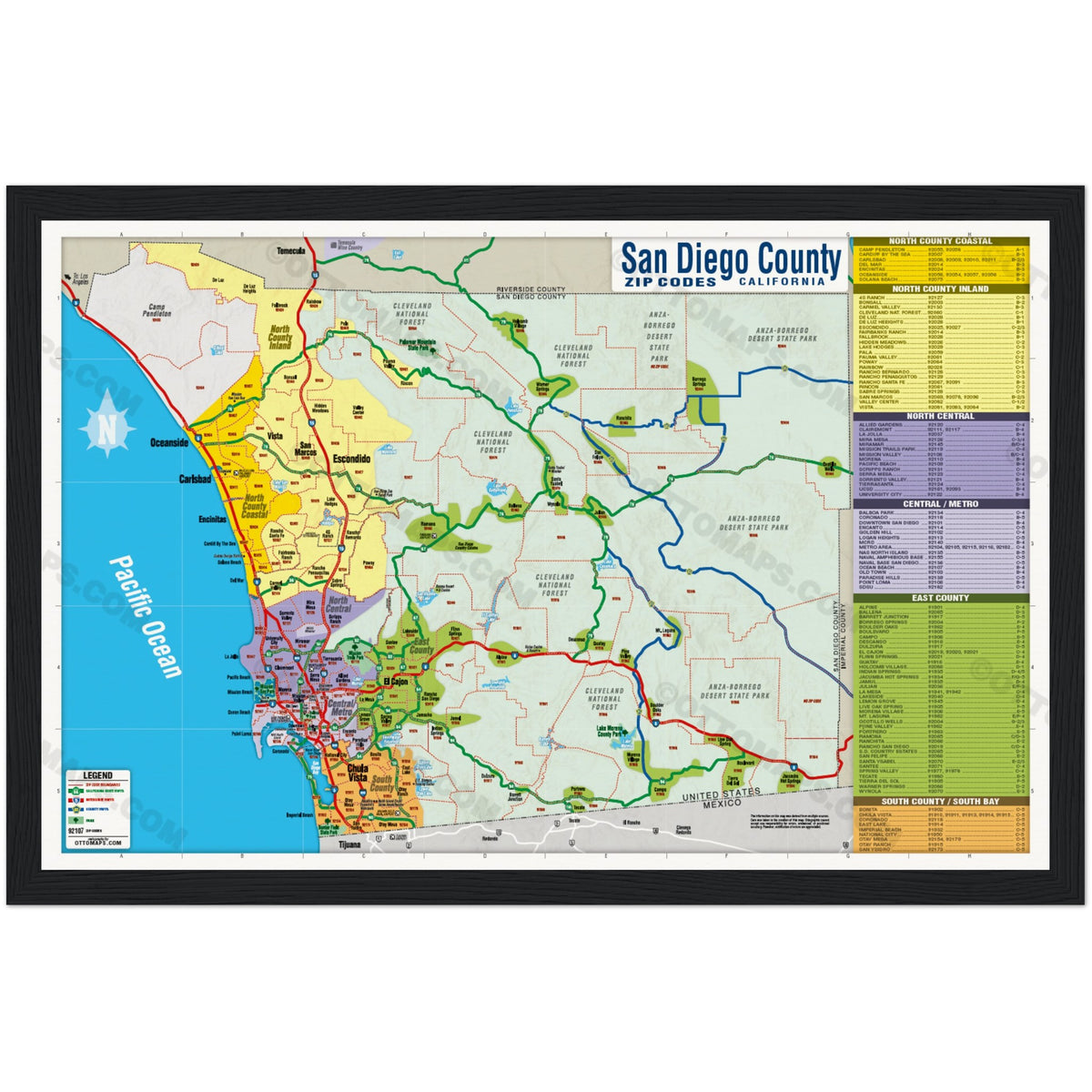 San Diego County Zip Code Map - FULL (Areas colorized) - POSTER PRINTS ...