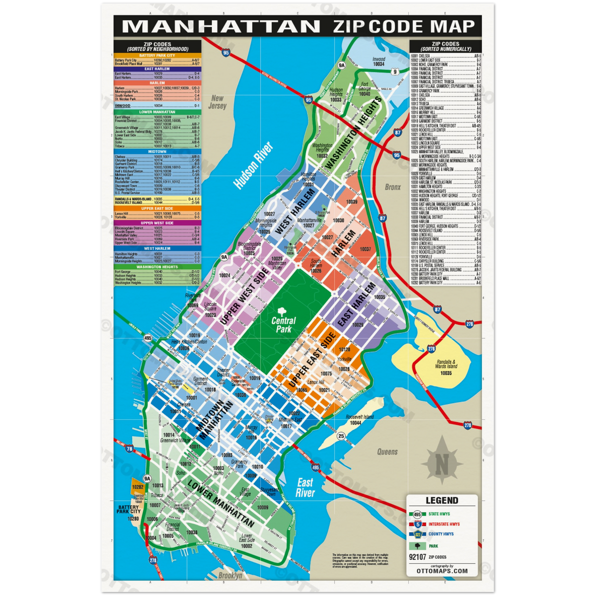 Manhattan Zip Code Map (Neighborhoods colorized) - POSTER PRINTS – Otto ...