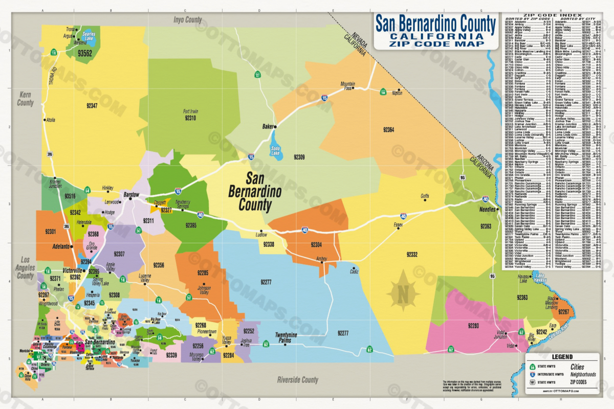 San Bernardino County Zip Code Map - POSTER PRINTS – Otto Maps