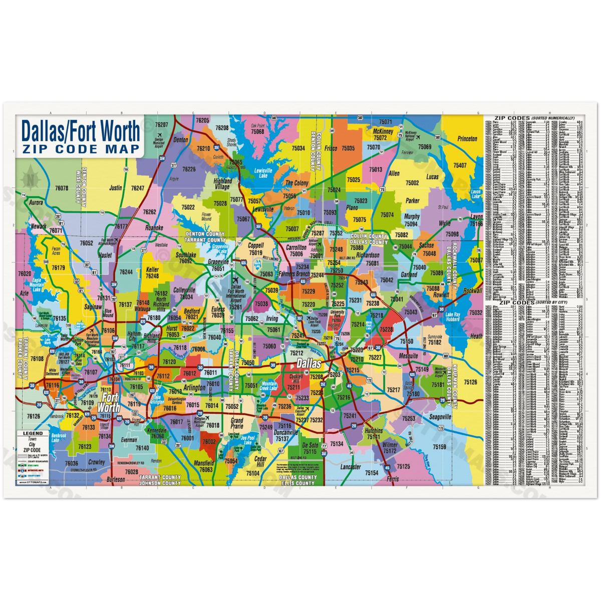 Dallas Fort Worth Zip Code Map - Zip Codes Colorized - POSTER PRINTS ...