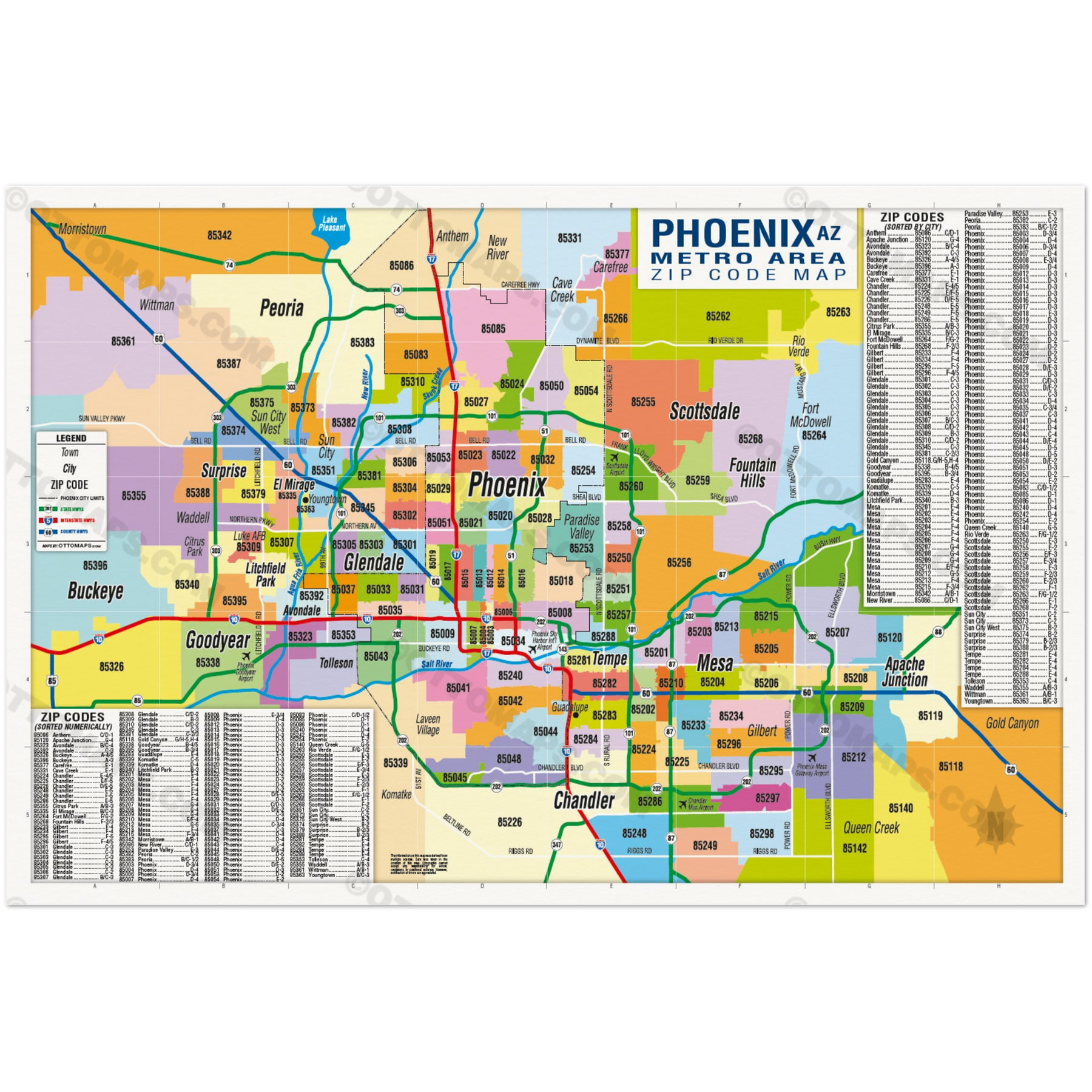 Phoenix Metro Area Zip Code Map - Zip Codes Colored - POSTER PRINTS ...
