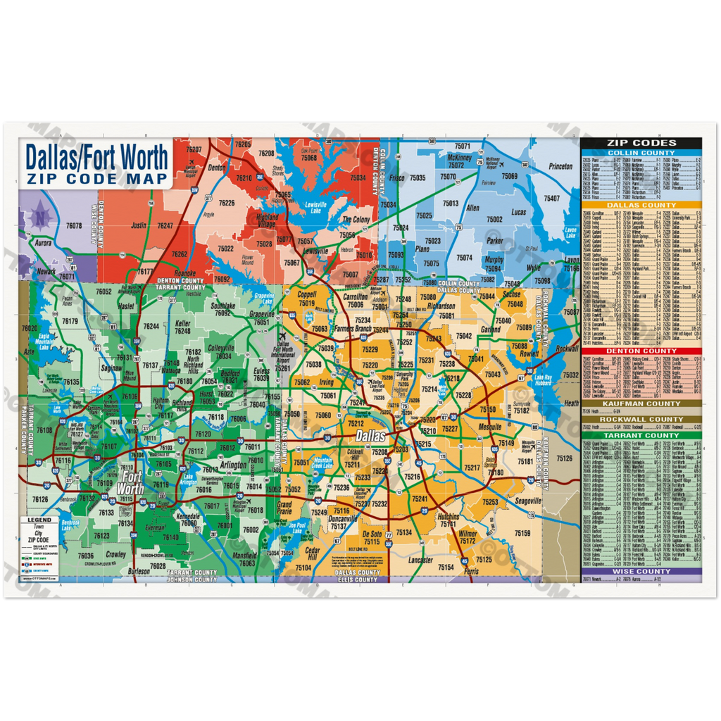 Dallas Fort Worth Zip Code Map - Counties Colorized - POSTER PRINTS ...