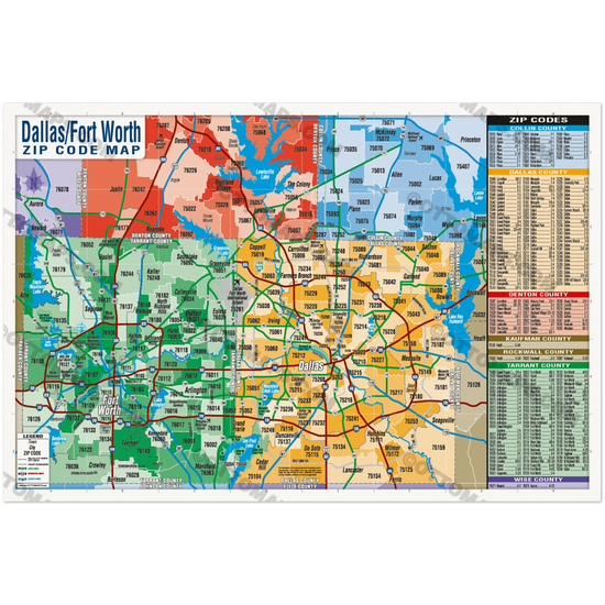 Dallas Fort Worth Zip Code Map - Counties Colorized - POSTER PRINTS ...