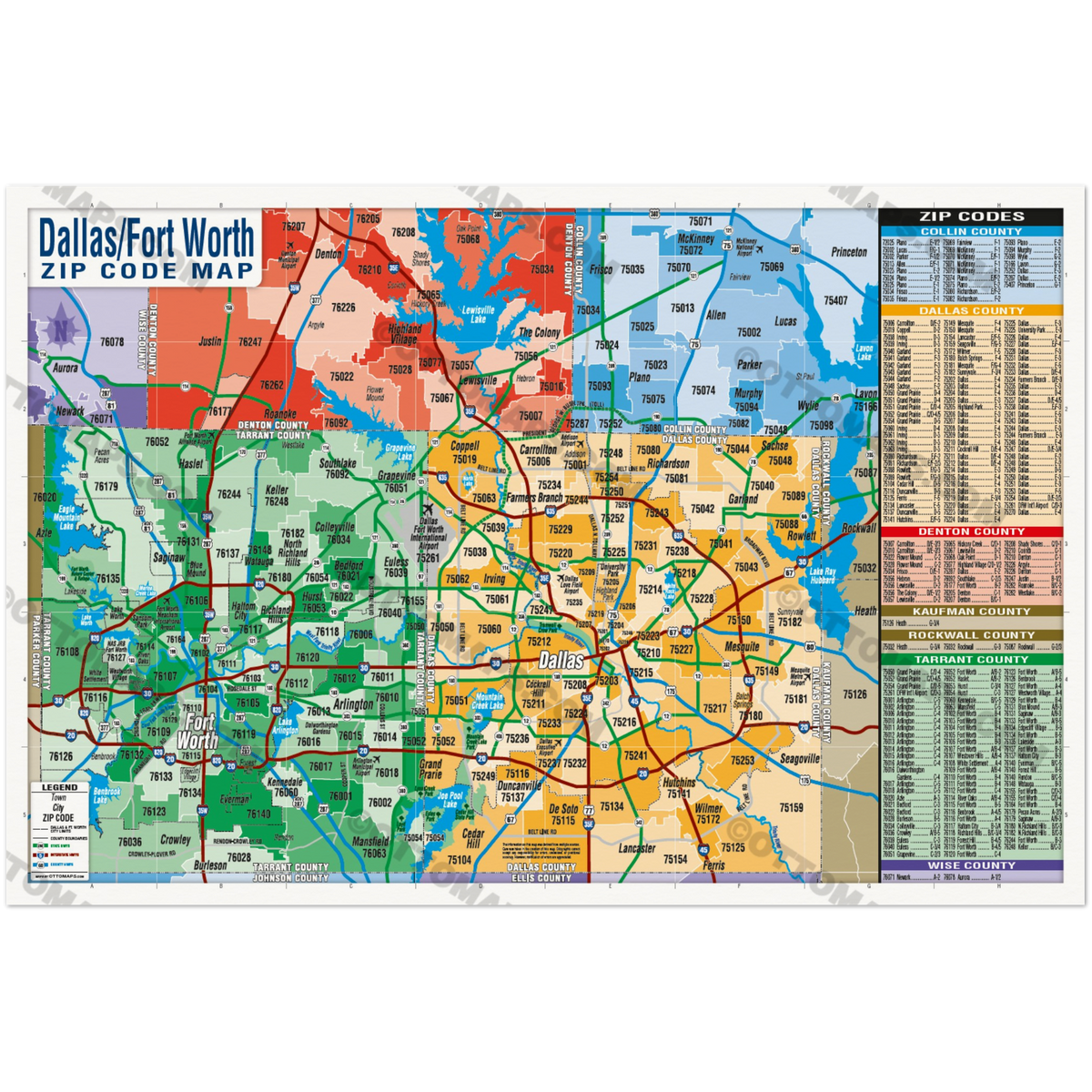 Dallas Fort Worth Zip Code Map - Counties Colorized - POSTER PRINTS ...