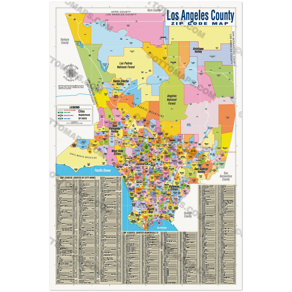 Los Angeles County Zip Code Map - FULL (Zip Codes Colored) - POSTER PR ...