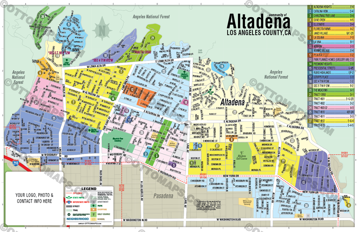 Altadena Map, LA County, CA - FILES - PDF and AI Files, editable, vect ...