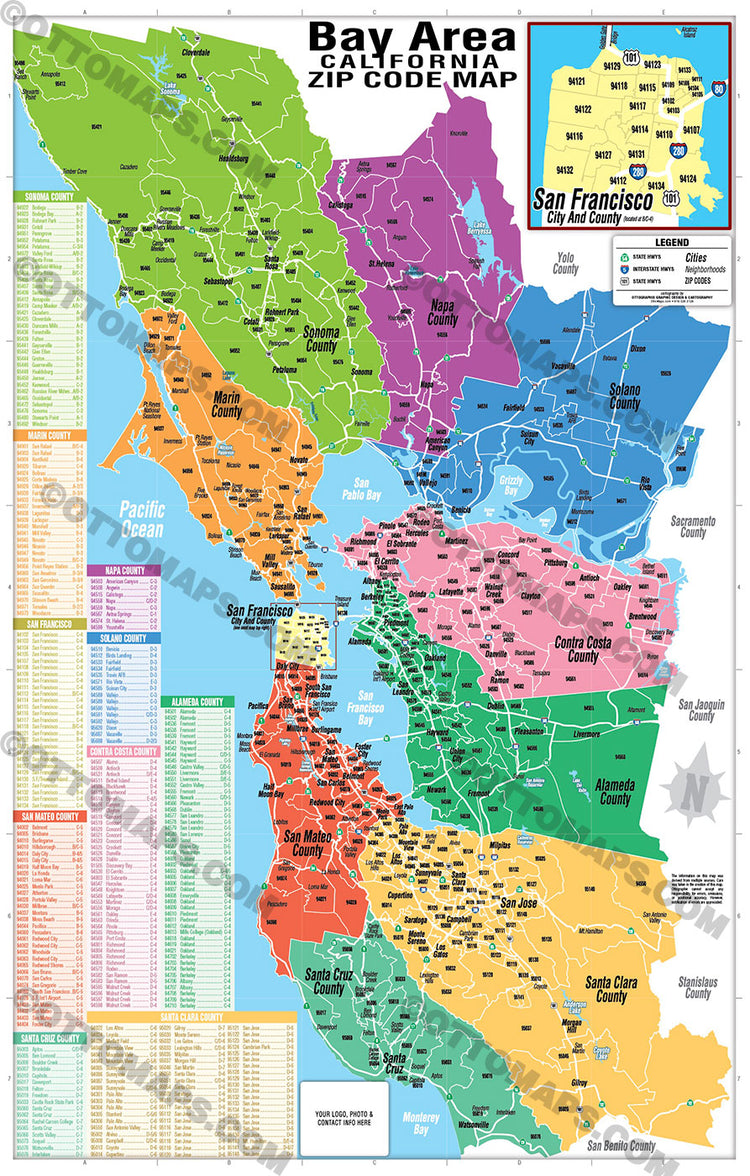 Bay Area Zip Code Map (Counties colorized) - FILES - PDF and AI Files ...