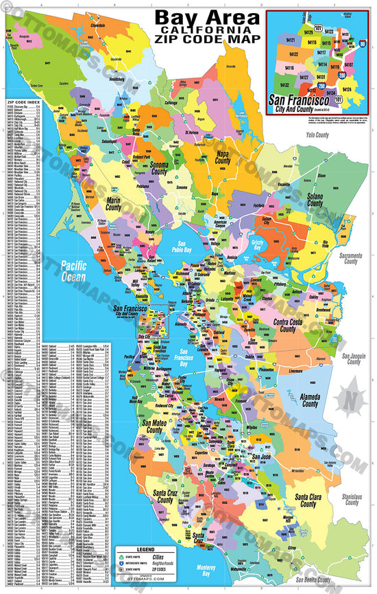 Bay Area Zip Code Map (Zip Codes colorized) - FILES - PDF and AI Files ...