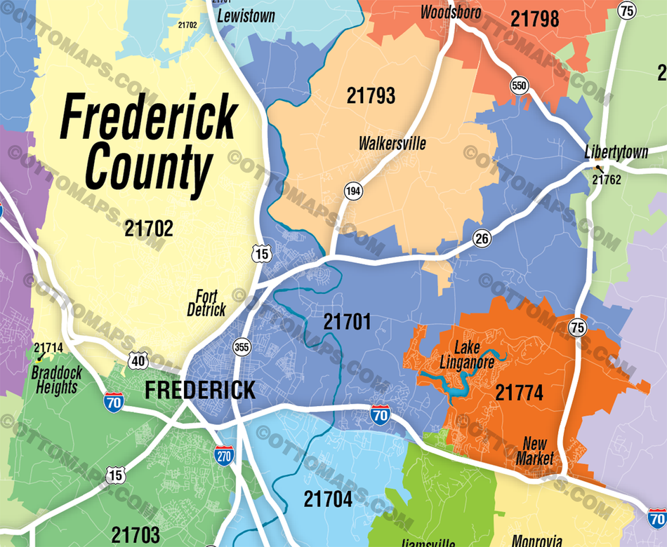 Frederick County Zip Code Map, MD - FILES - PDF and AI Files, editable ...