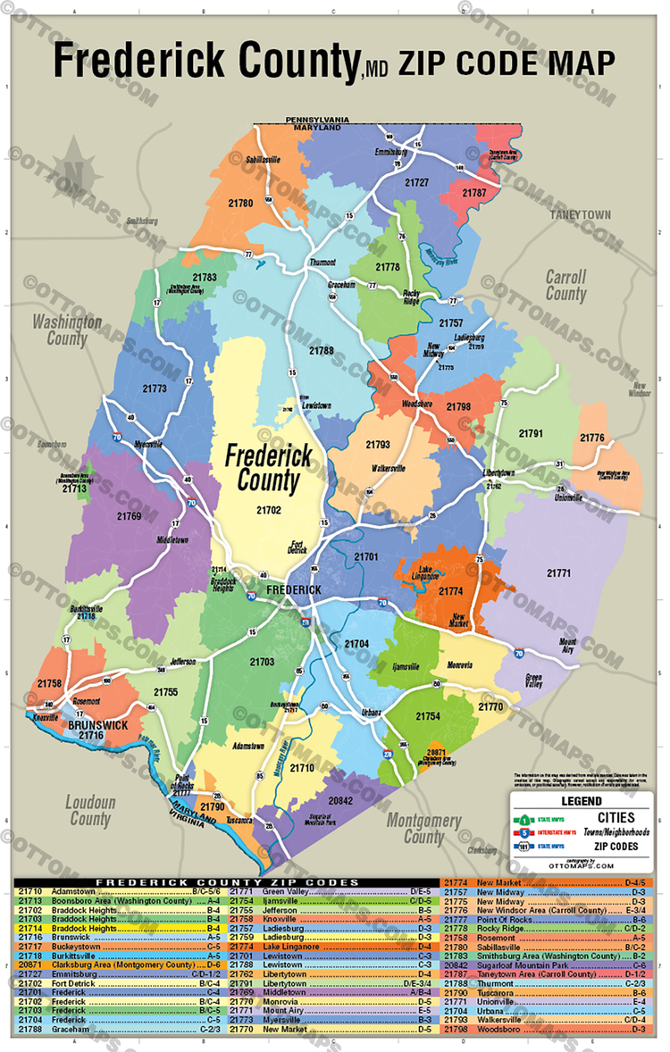 Frederick County Zip Code Map, MD - FILES - PDF and AI Files, editable ...