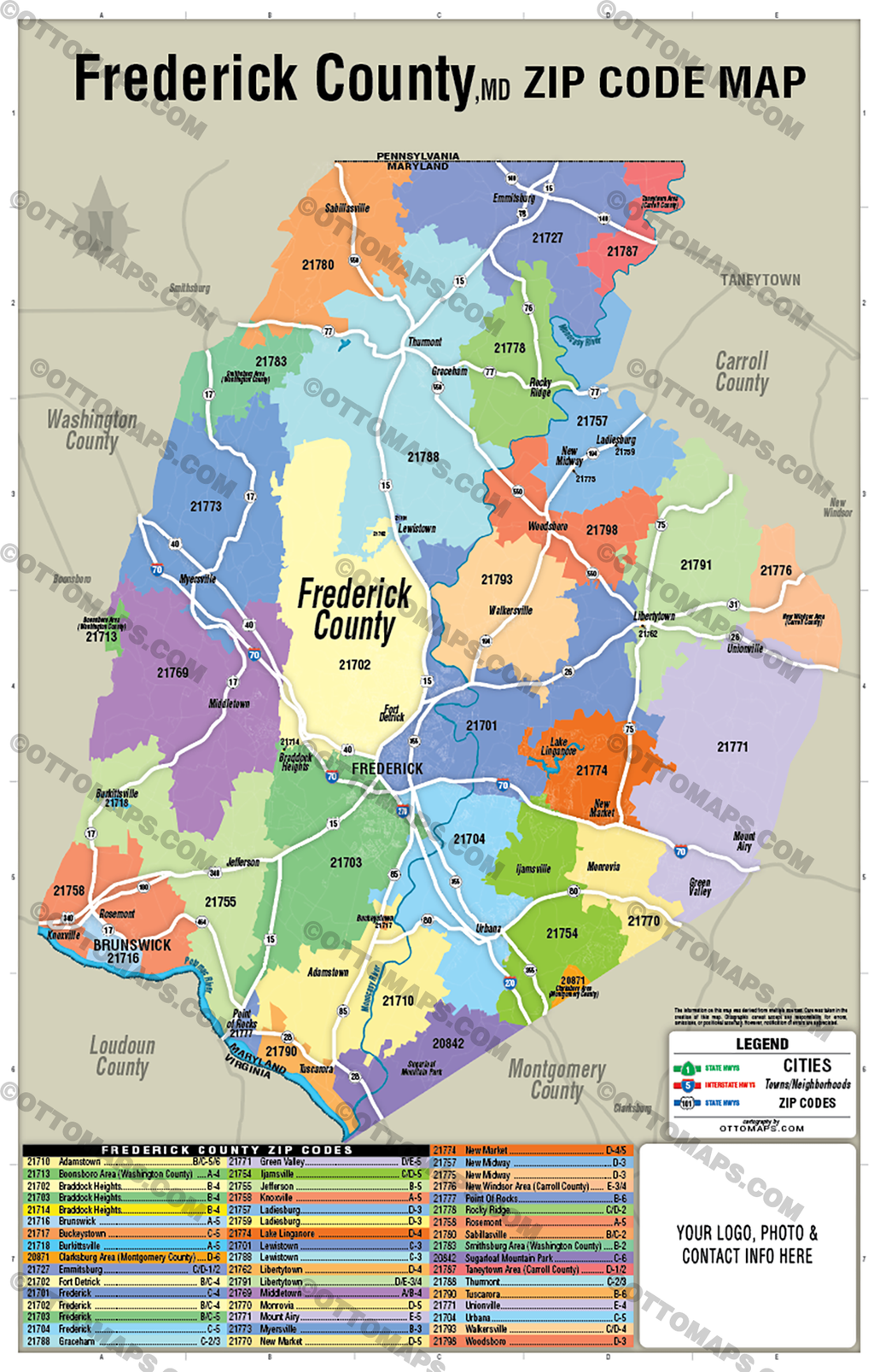 Frederick County Zip Code Map, MD - FILES - PDF and AI Files, editable ...