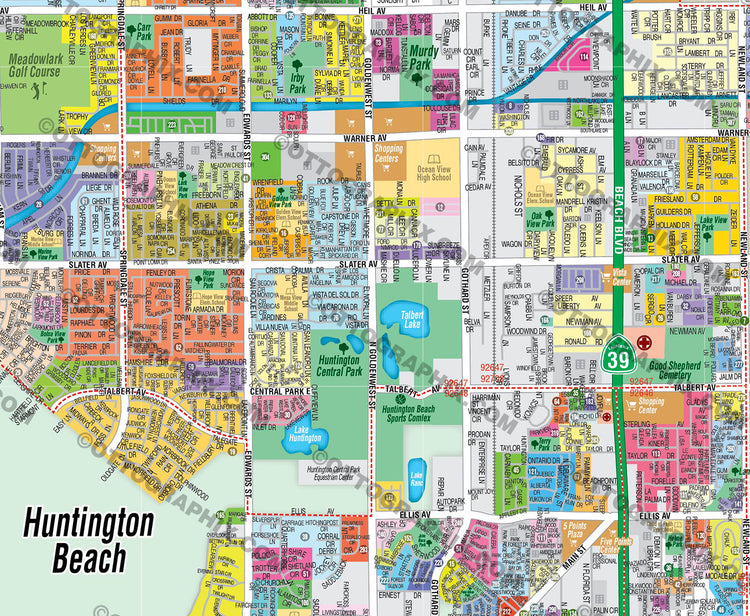 Huntington Beach Map-FULL, Orange County, CA - FILES - PDF and AI, edi ...