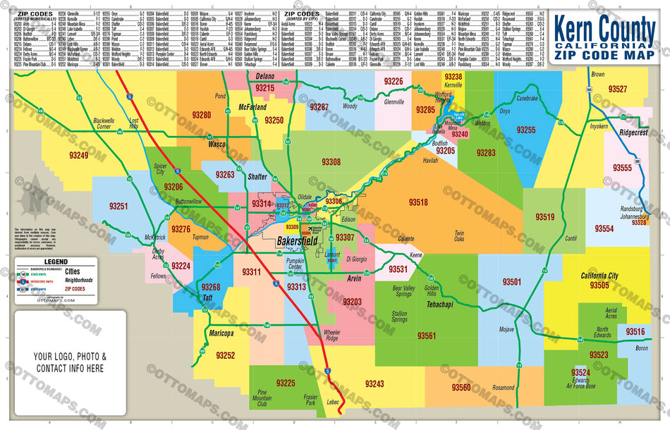 Kern County Zip Code Map - FILES - PDF and AI Files, editable, vector ...