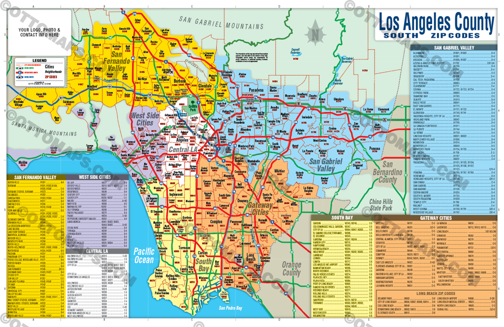Los Angeles Zip Code Map - SOUTH (Areas Colored) - FILES - PDF and AI ...