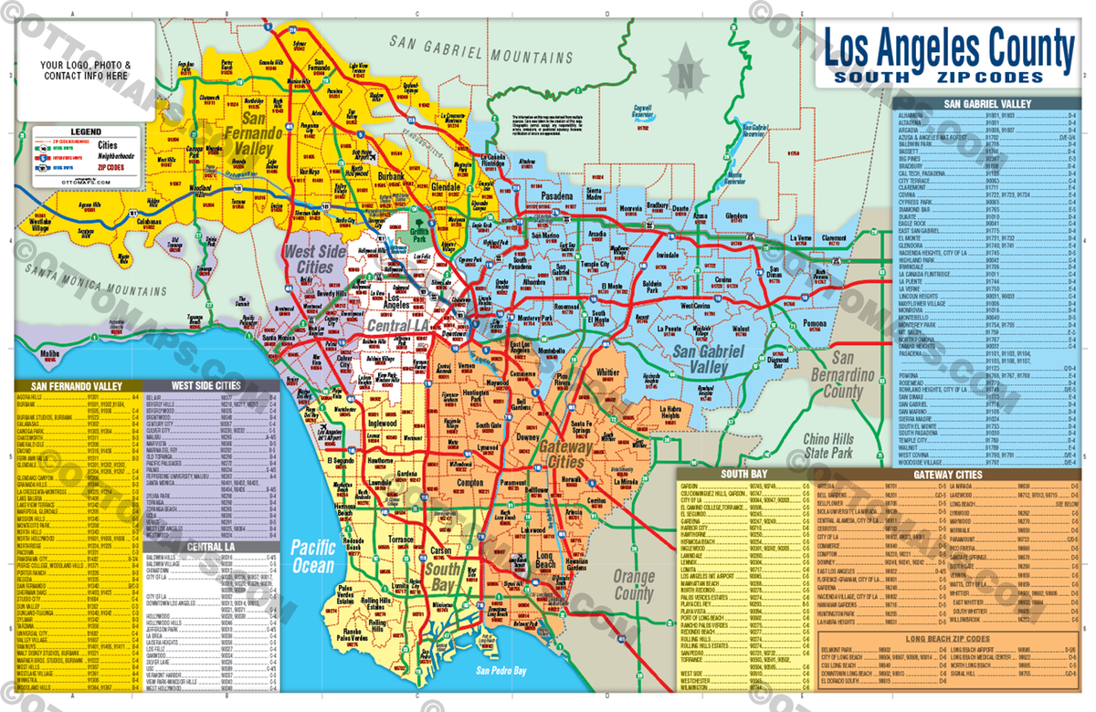 Los Angeles Zip Code Map - SOUTH (Areas Colored) - FILE: PDF, AI, LAYE ...