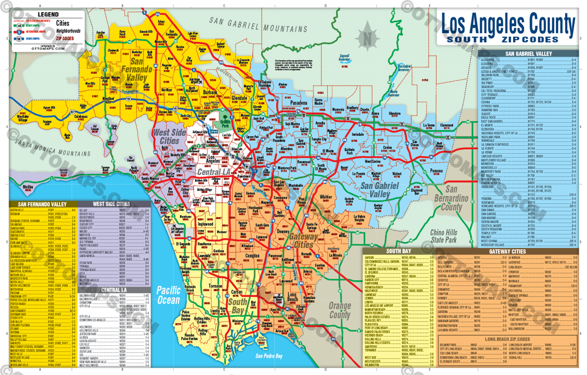 Los Angeles Zip Code Map - SOUTH (Areas Colored) - FILE: PDF, AI, LAYE ...