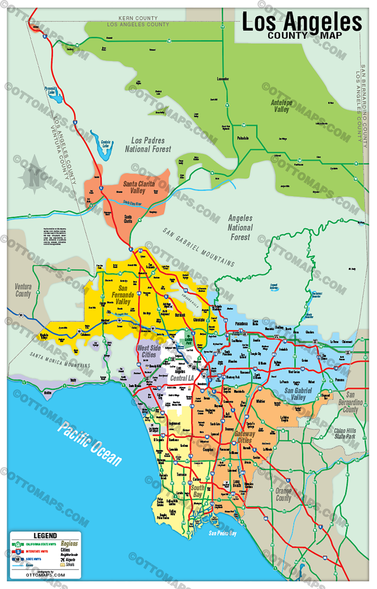 Los Angeles County Map - Regions Colorized (No Zip Codes) - FILES - PD ...