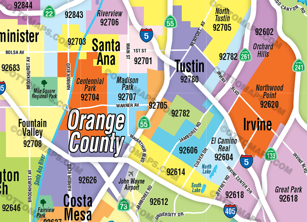 Orange County Zip Code Map - Zip Codes Colorized - FILES - PDF and AI ...