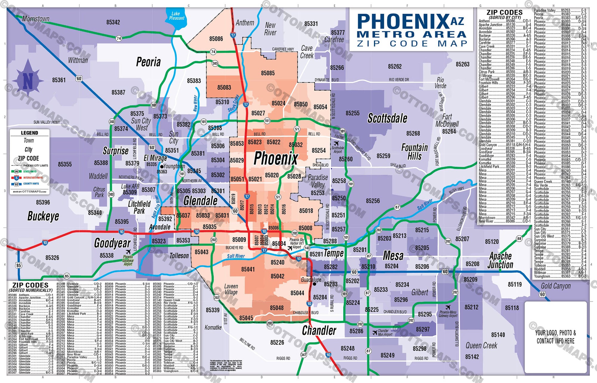 Phoenix Metro Area Zip Code Map - Cities Colored - FILES - PDF and AI ...