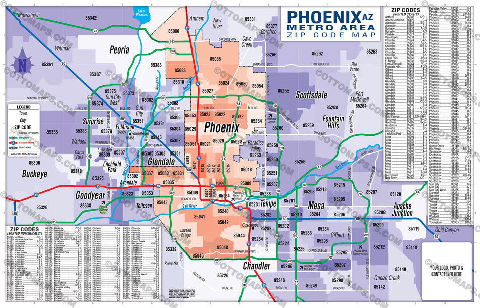 Phoenix Metro Area Zip Code Map - Cities Colored - FILES - PDF and AI ...