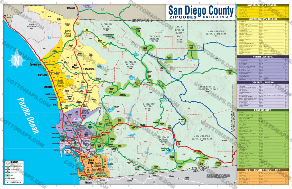 San Diego County Zip Code Map - FULL (Areas colorized) - FILES - PDF a ...
