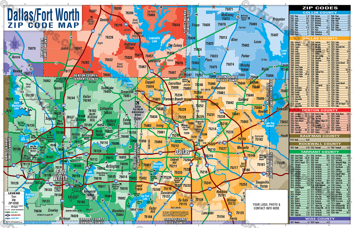 Dallas Fort Worth Zip Code Map - Counties Colorized – Otto Maps
