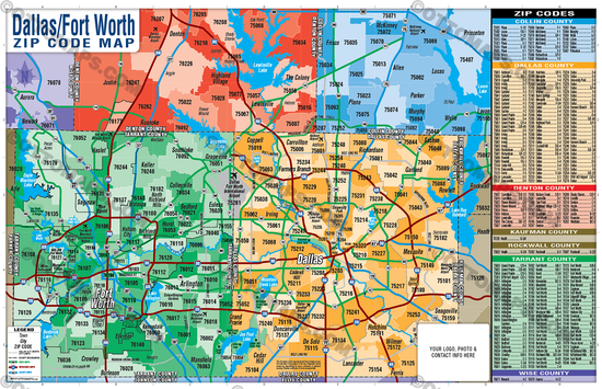 Dallas Fort Worth Zip Code Map - Counties Colorized – Otto Maps
