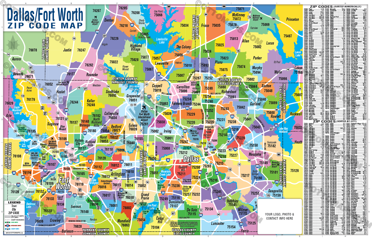 Dallas Fort Worth Zip Code Map - Zip Codes Colorized – Otto Maps