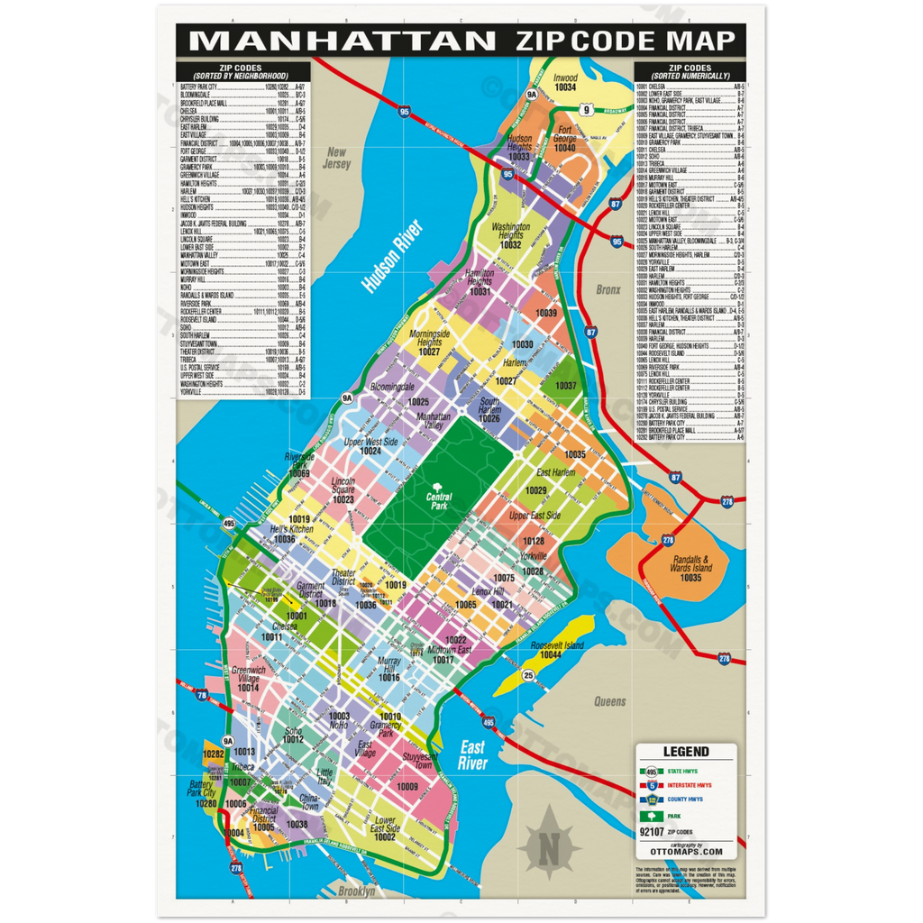 Manhattan Zip Code Map (Zip Codes colorized) - POSTER PRINTS – Otto Maps