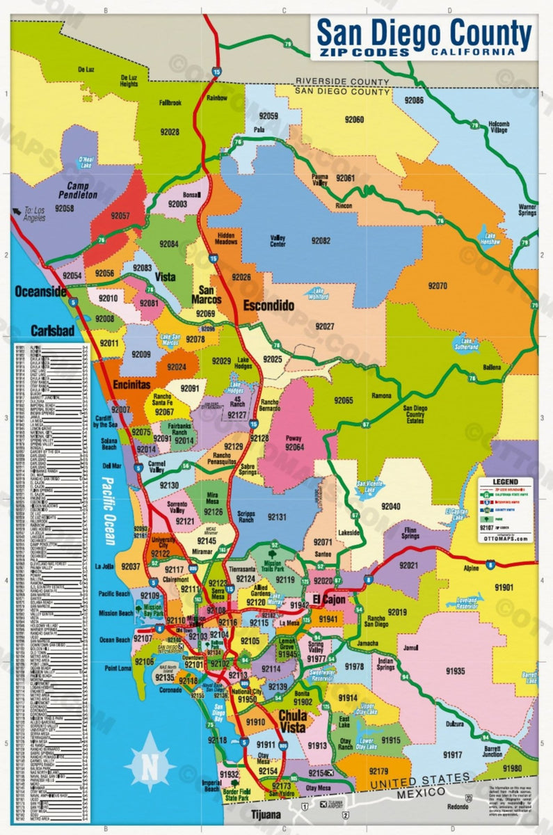San Diego County Zip Code Map - COASTAL (Zips Colorized) - POSTER PRIN ...