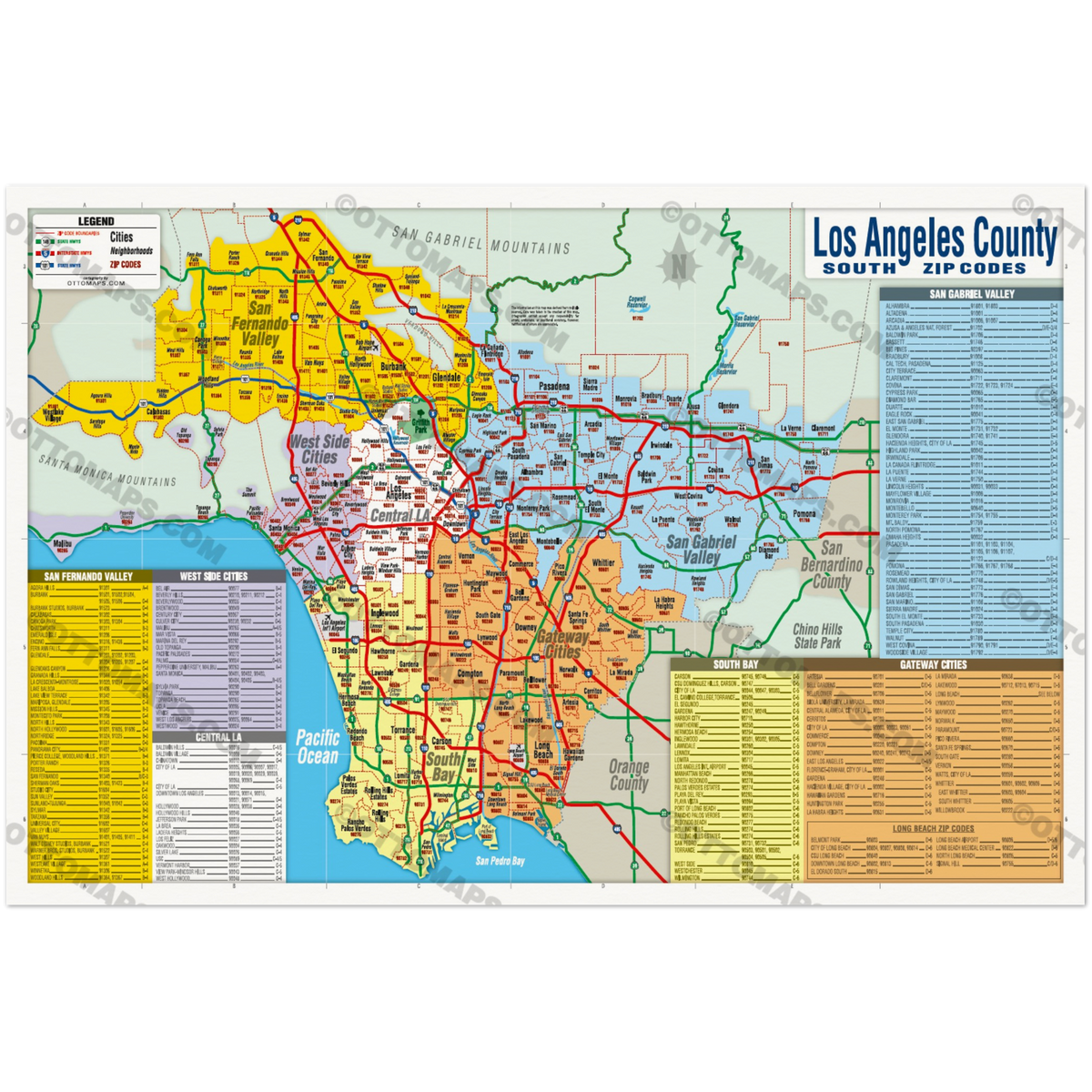 Los Angeles Zip Code Map - SOUTH (Areas Colored) - POSTER PRINTS – Otto ...