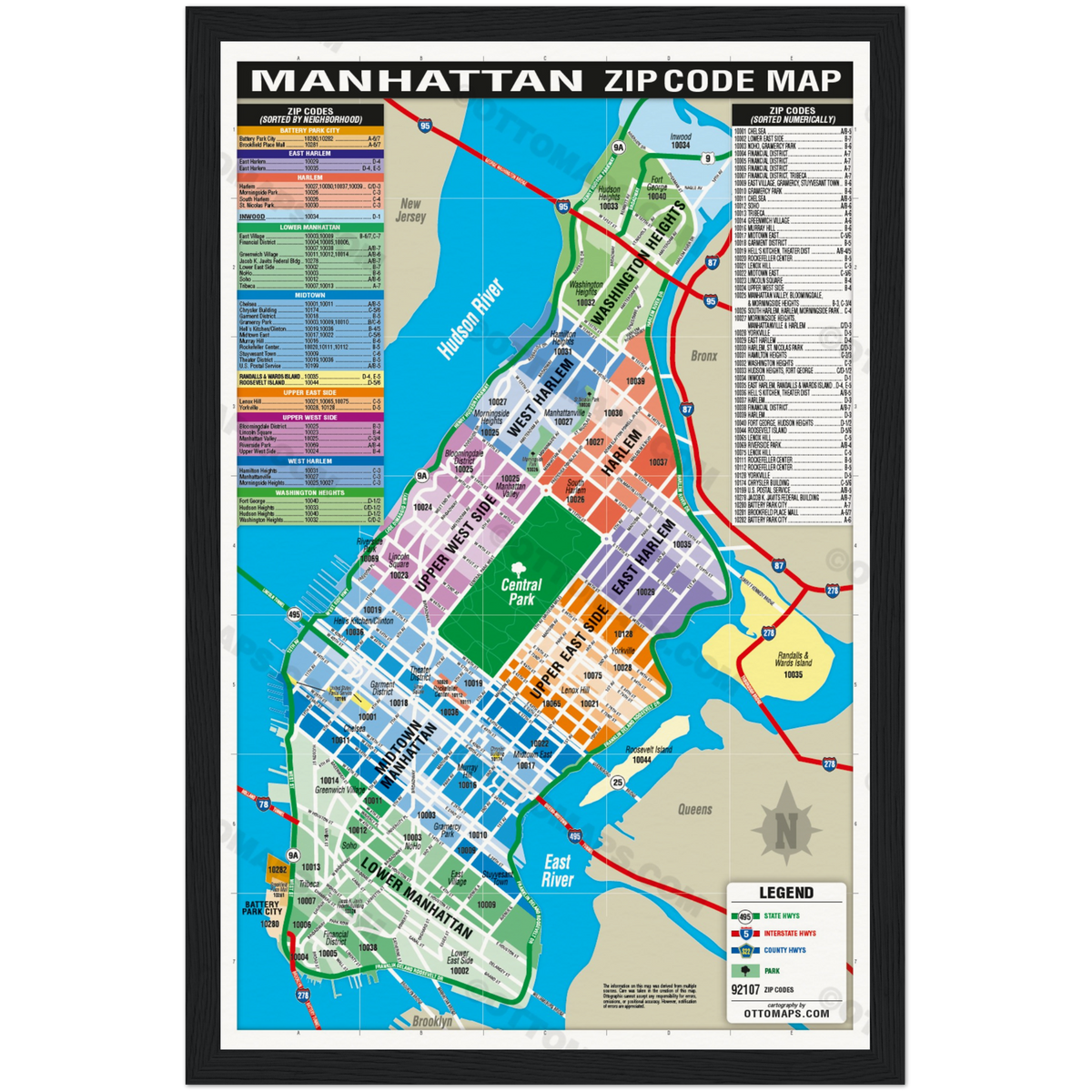 Manhattan Zip Code Map (Neighborhoods colorized) - POSTER PRINTS – Otto ...