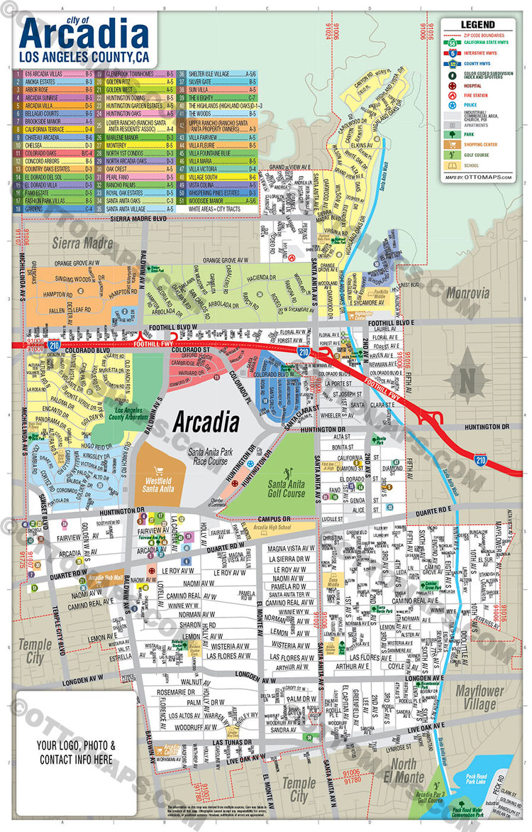 Arcadia Map, Los Angeles County, CA - FILES - PDF and AI, editable, ve ...