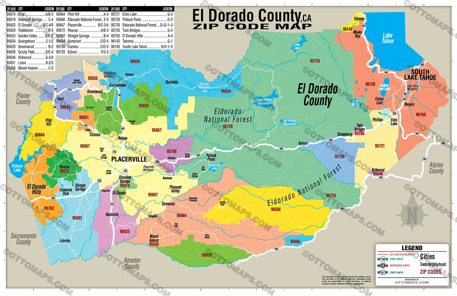 El Dorado County Zip Code Map - FILES - PDF and AI, editable, vector ...