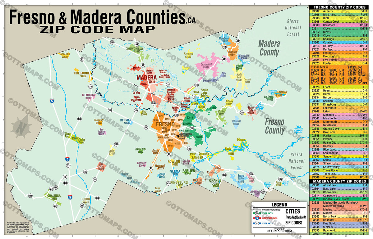 Madera and Fresno Counties Zip Code Map - California – Otto Maps