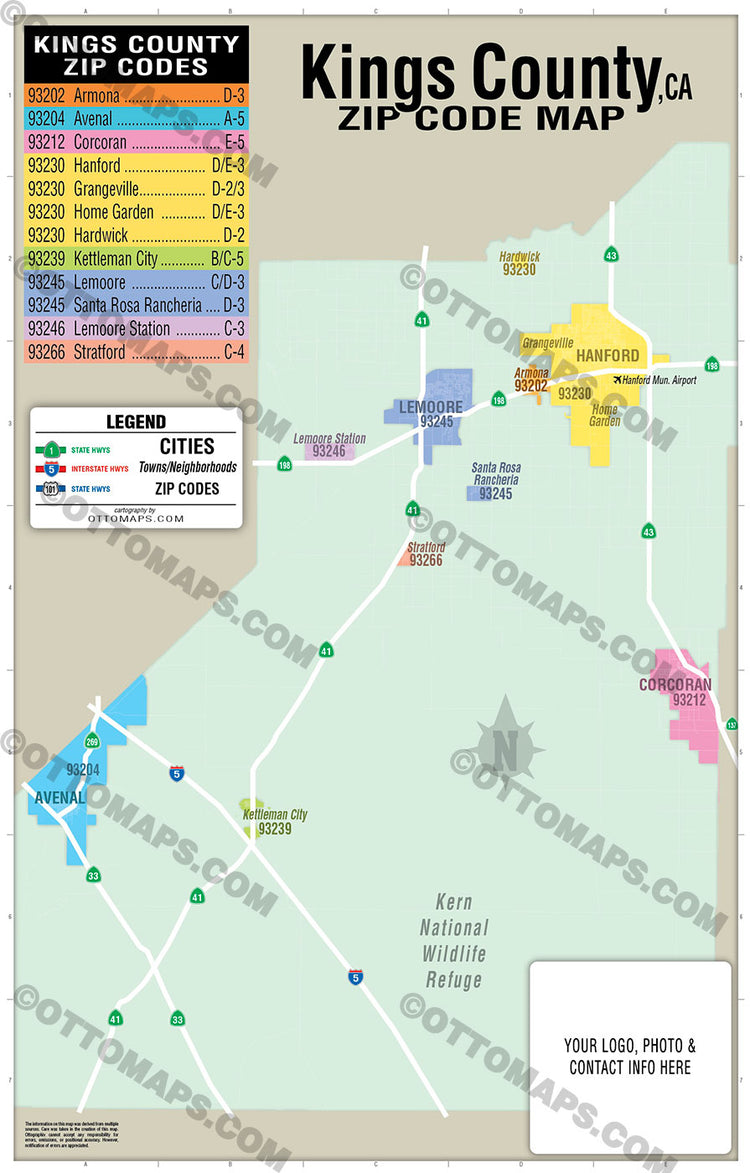 Kings County Zip Code Map - California - FILES - PDF and AI, editable ...