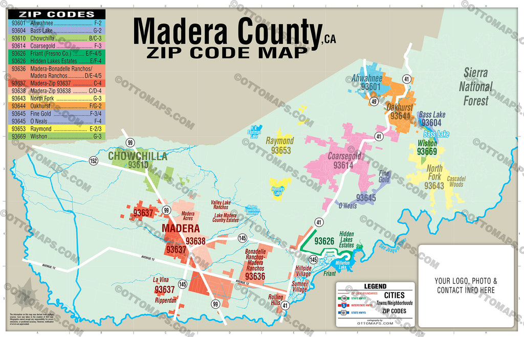 Madera County Zip Code Map - California - FILES - PDF and AI, editable ...