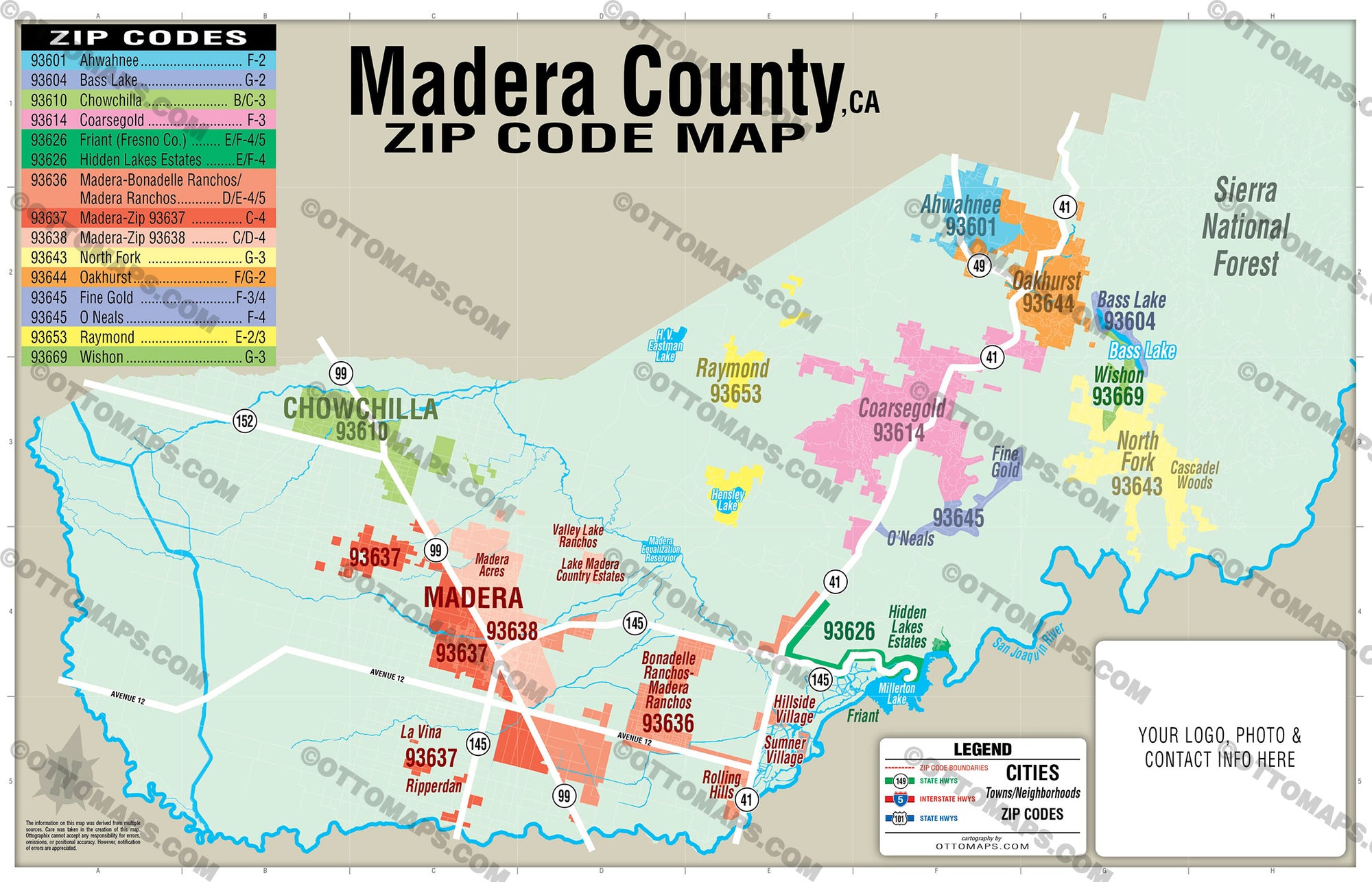 Madera County Zip Code Map - California - FILES - PDF and AI, editable ...