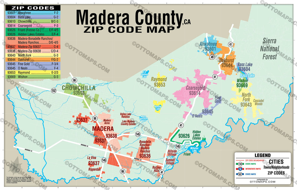 Madera County Zip Code Map - California - FILES - PDF and AI, editable ...