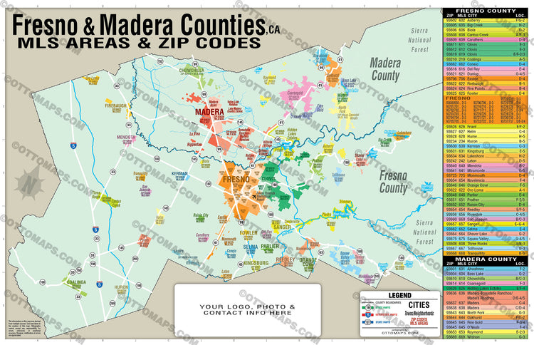 Fresno and Madera Counties Combo Map - Zip Codes and MLS Areas - FILES ...