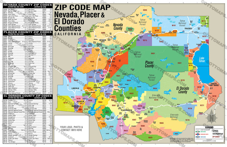 Nevada, El Dorado and Placer Counties Zip Code Map, California (Zip Co ...