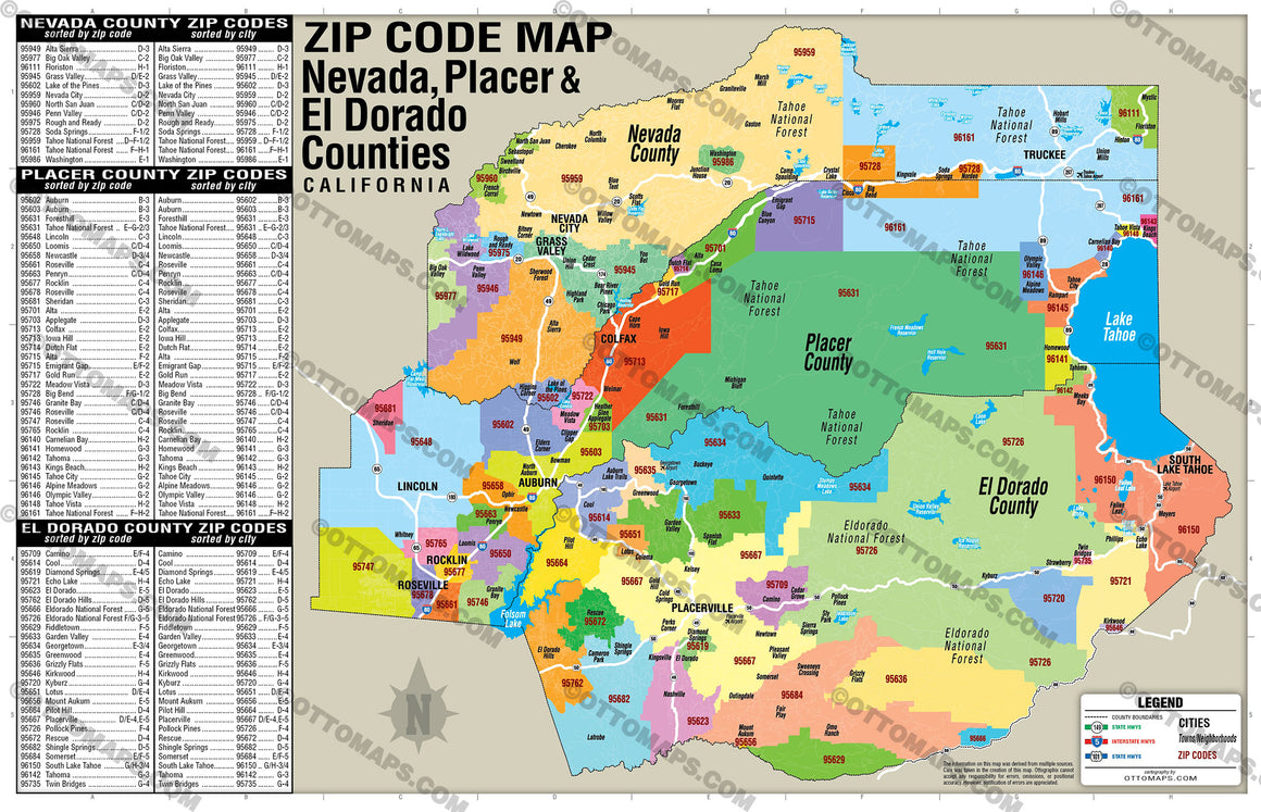 Nevada, El Dorado and Placer Counties Zip Code Map, California (Zip Co ...
