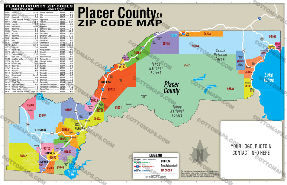Placer County Zip Code Map - FILES - PDF and AI, editable, vector, roy ...
