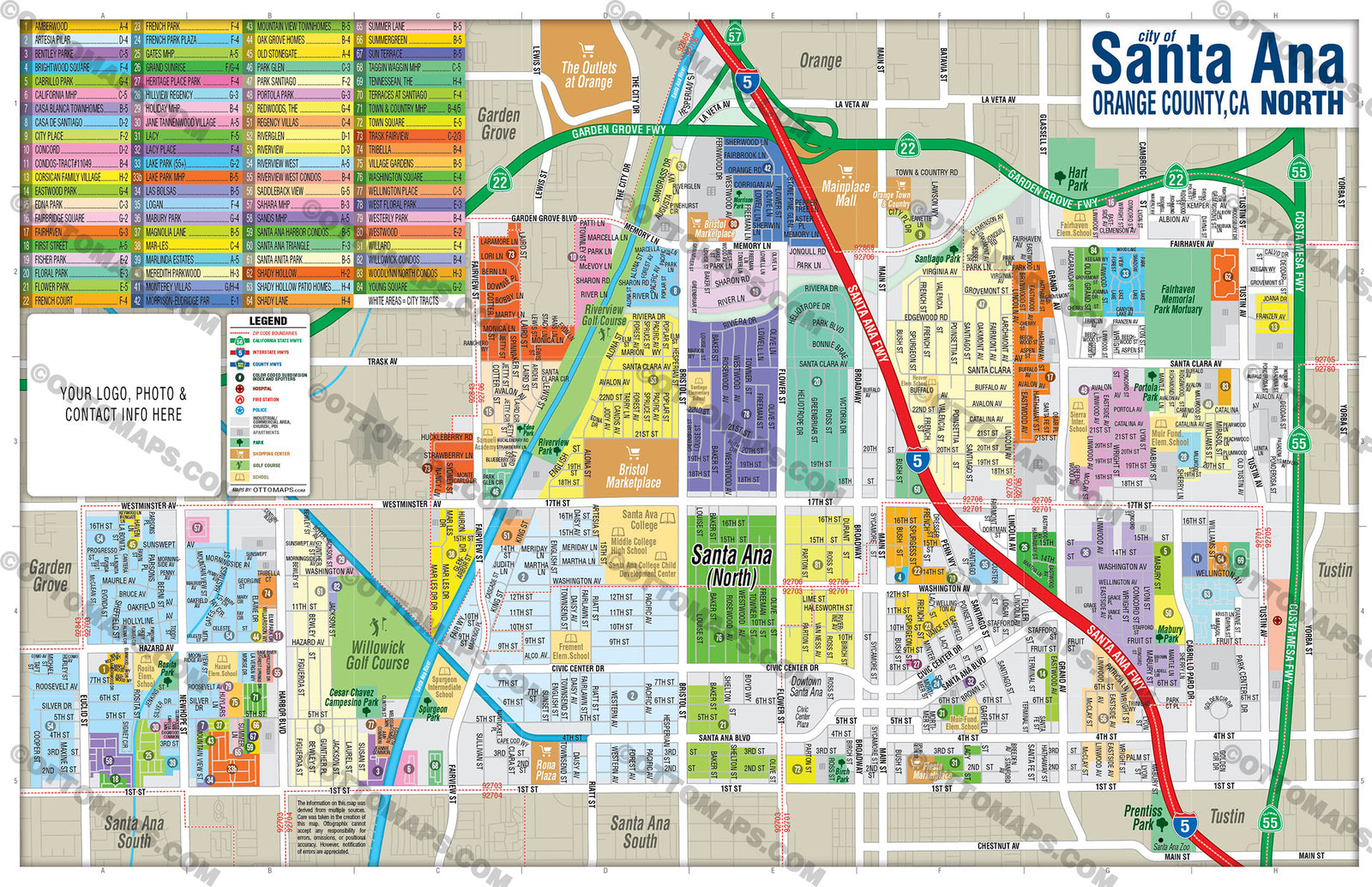 Santa Ana Map, Orange County, CA (3 Versions: Full, North & South) - F ...