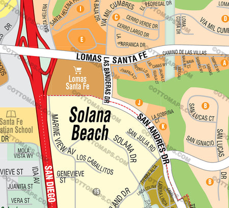 Solana Beach Map, San Diego County, CA - FILES - PDF and AI, editable ...