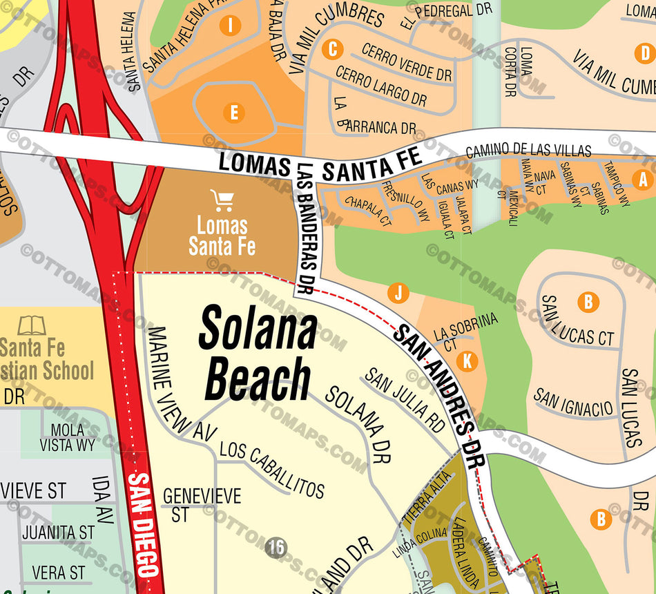 Solana Beach Map, San Diego County, CA - FILES - PDF and AI, editable ...