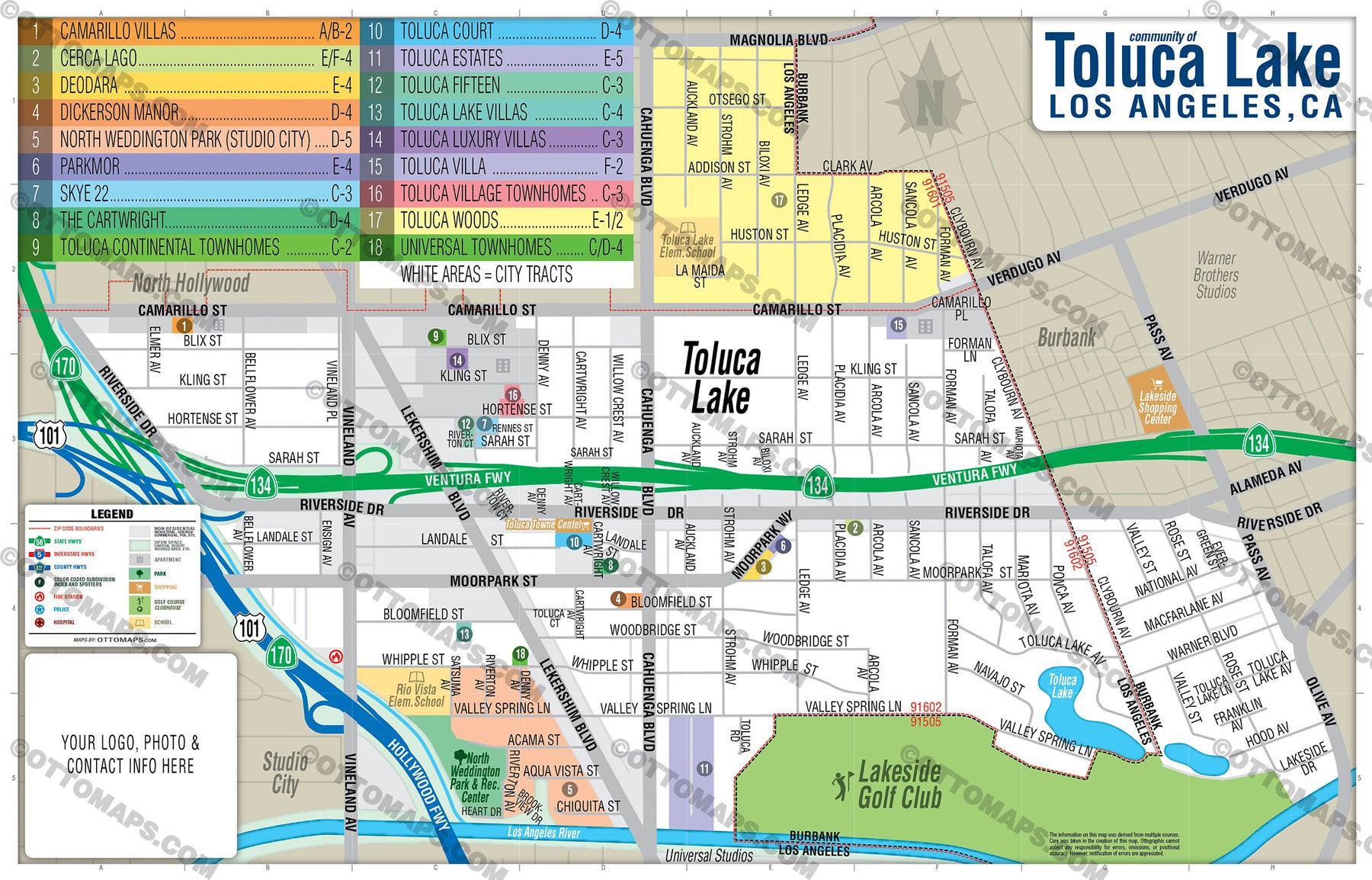 Toluca Lake Map, Los Angeles, CA - FILES - PDF and AI, editable, vecto ...