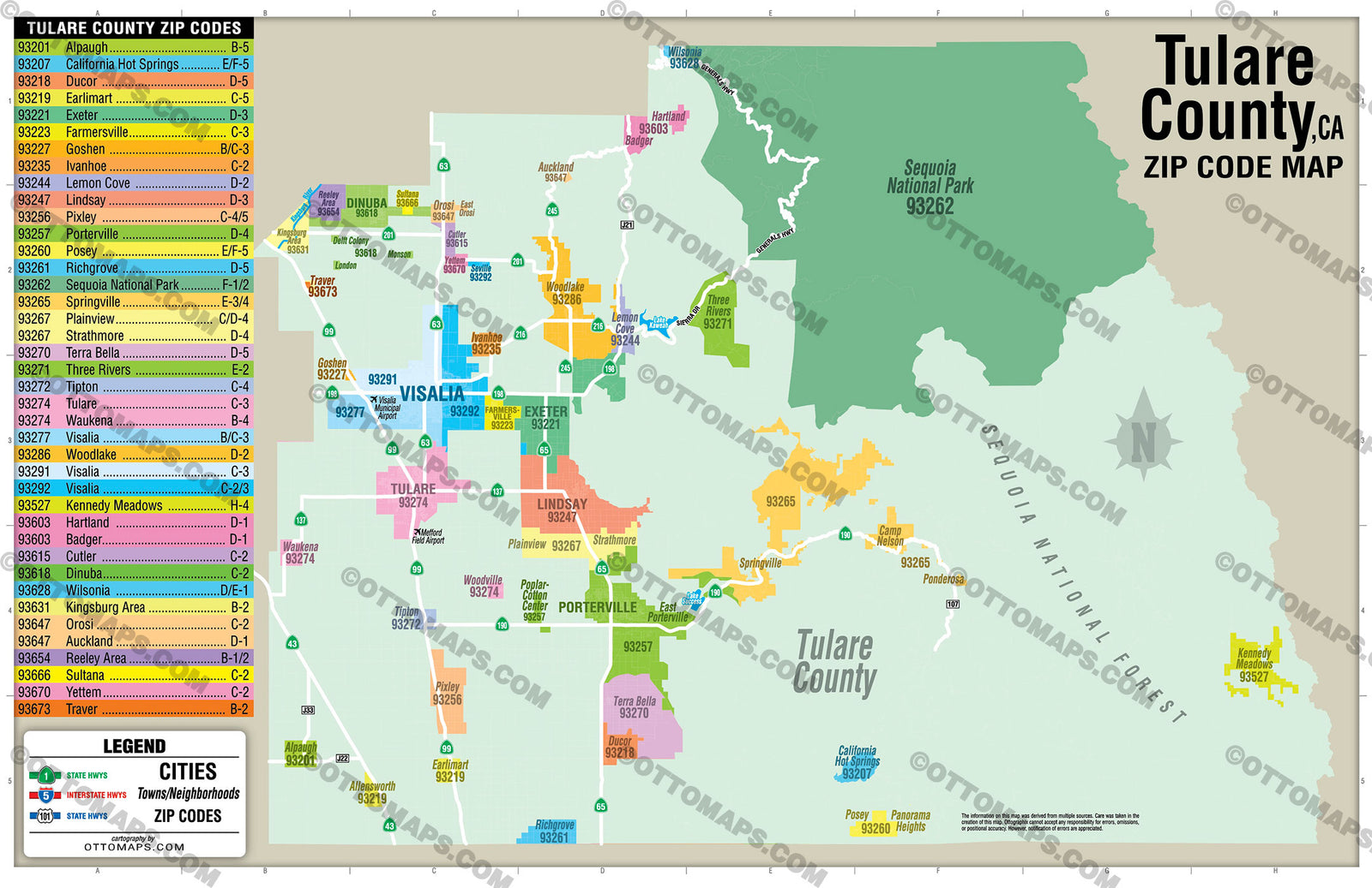 Tulare County Zip Code Map - California - FILES - PDF and AI, editable ...