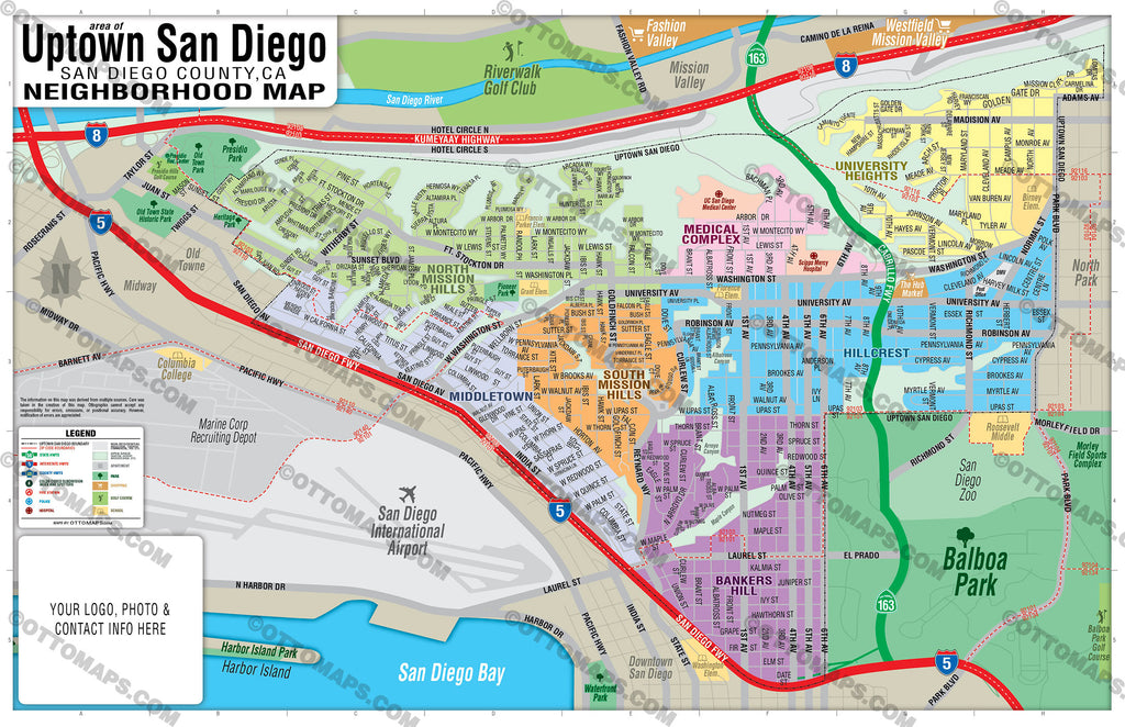 Uptown San Diego Neighborhood Map - FILES - PDF and AI, editable, vect ...