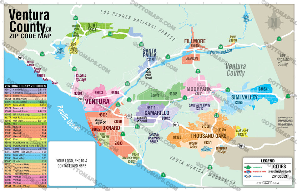 Ventura County Zip Code Map - California - FILES - PDF and AI, editabl ...